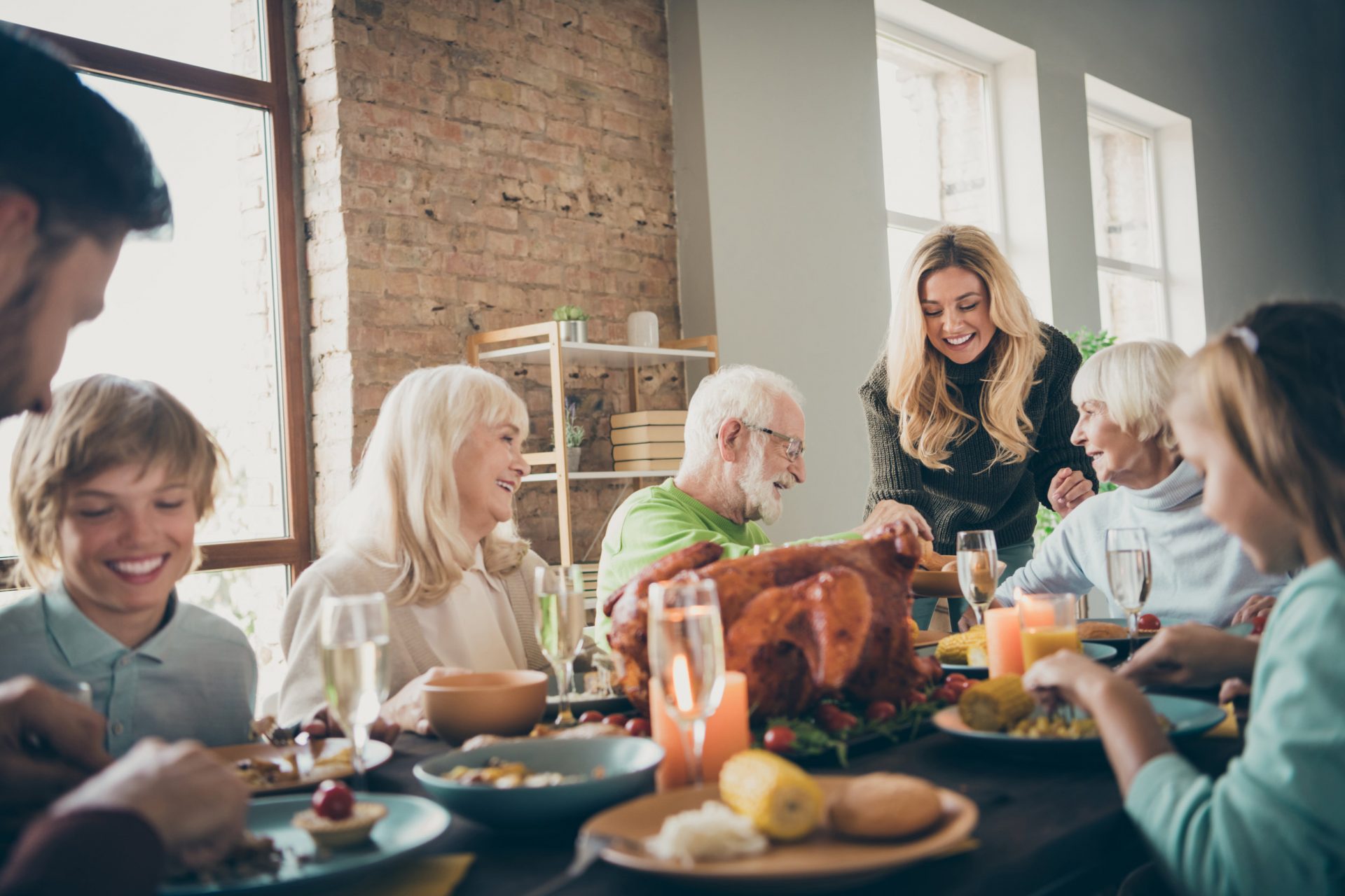 Photo of big full family reunion gathering sit feast dishes dinner ...